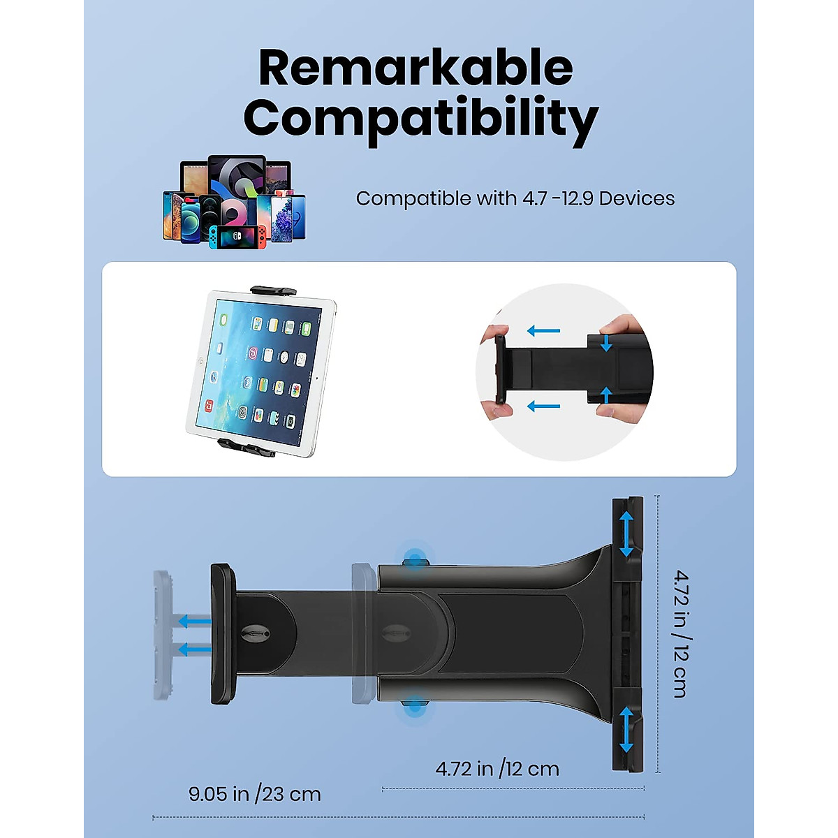 Moukey Tablet Holder for Microphone Stand, Adjustable Mic Music Stand Phone Holder Mount, Compatible with iPad, iPhone, Android, All 4.7 to 12.9 Inches Tablets & Smartphones