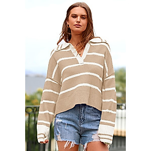 PRETTYGARDEN Women's Pullover Striped Sweaters Casual Collared V Neck Long Sleeve Ribbed Knit Loose Blouse Top (Light Khaki,Medium)