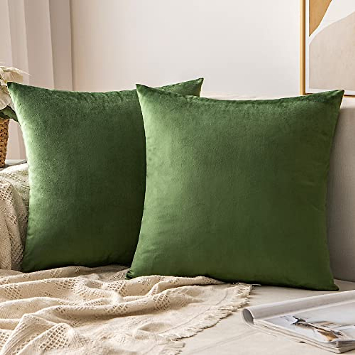 MIULEE Olive Green Velvet Curtains Thermal Insulated Blackout Curtain Set of 2 and Pack of 2 Velvet Soft Solid Decorative Square Throw Pillow Covers 18 x 18 Inch Moss Green