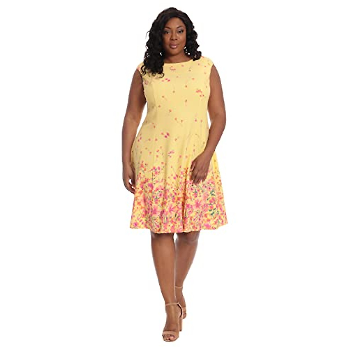 London Times Women's Floral Border Cap Sleeve Fit & Flare Dress, Yellow/Spiced Coral, 4