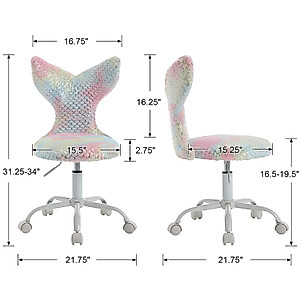 ZH4YOU Cute Kids Desk Chair, Soft Fuzzy Computer Chair for Girls Teen Reading Study Adjustable Swivel Rolling Task Chair Vanity Chair with Little Mermaid Sparkling Back(Pink Rainbow)