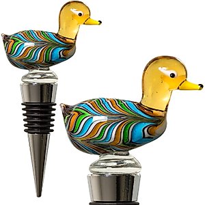 Glass Duck Wine Stopper - Champagne/Wine Bottle Stopper, Decorative, Colorful, Unique, Eye-Catching Glass Wine Stoppers – Mallard Duck Décor, Wine Accessories Gift for Hostess - Wine Corker / Sealer