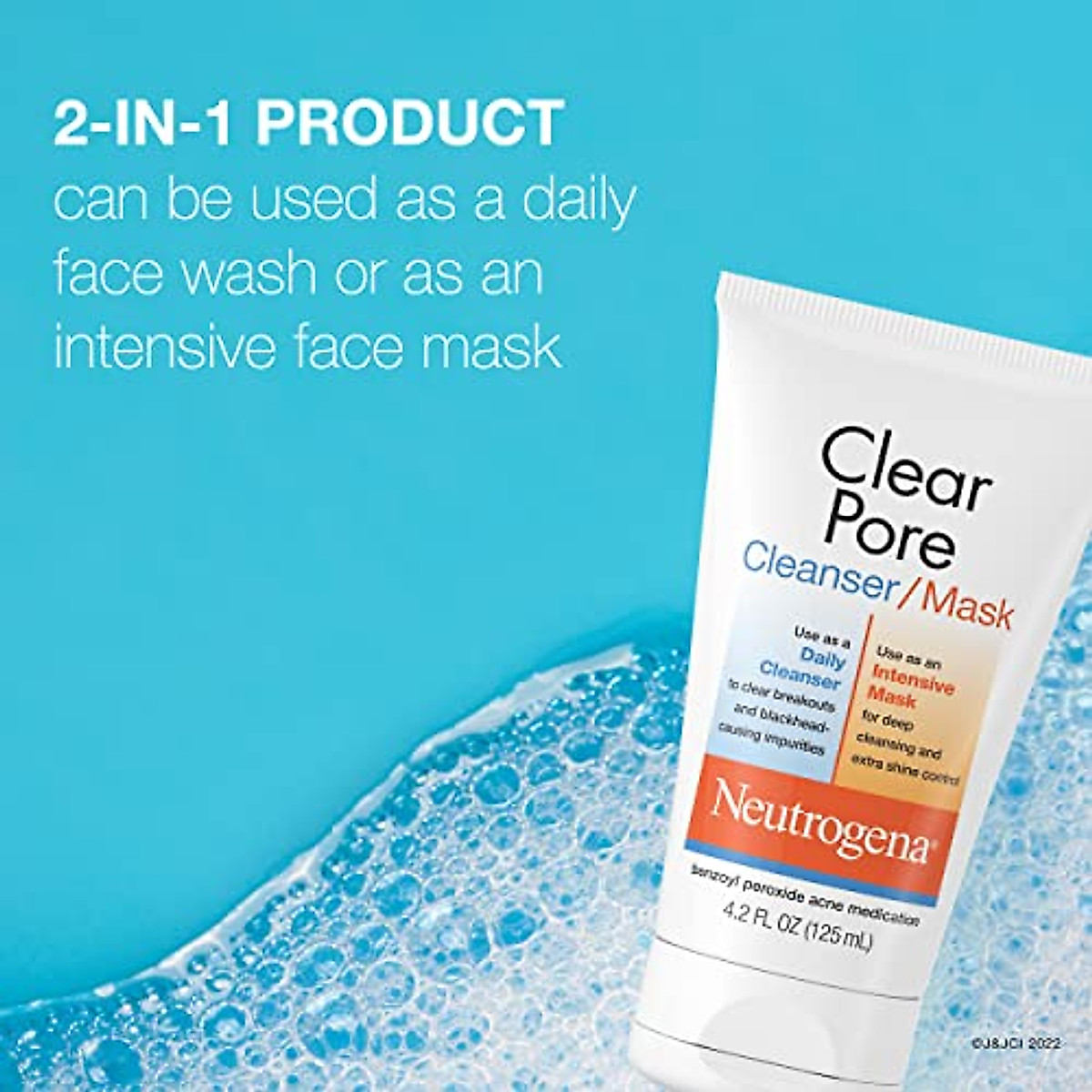 Neutrogena Clear Pore 2 in 1 Facial Cleanser/Face Mask with Kaolin & Bentonite Clay & 3.5% Benzoyl Peroxide Acne Treatment Medication, Daily Face Wash & Shine Control Clay Mask, 4.2 fl. Oz (Pack of 6)