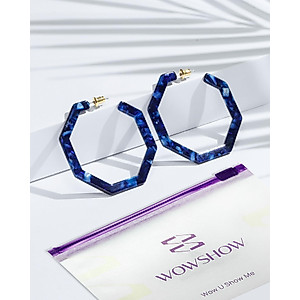 wowshow Acrylic Resin Hoop Earrings for Women Statement Fashion Geometric Octagon Earrings (Blue)