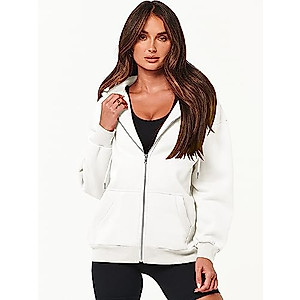 Prinbara Hoodies Jacket Coat for Women Long Sleeve Oversized Zip Up Fleece Sweatshirt Comfy Fall Clothes Y2K Trendy Top 9PA89-baise-L White