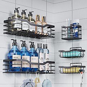 Cozy Tower Shower Caddy, 5 Pack Shower Shelf for Inside Shower, Stainless Steel Bathroom Shower Organizer Adhesive Shower Rack Accessories Large Capacity Shower Storage