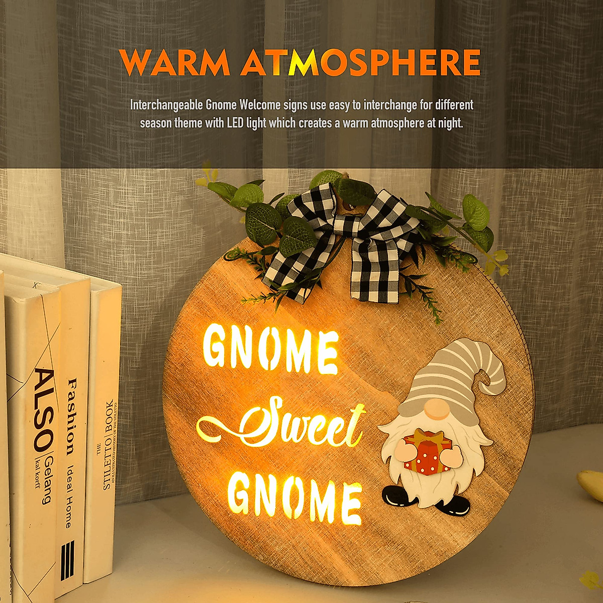 Lighted Interchangeable Gnome Welcome Door Sign, 12 inches Seasonal Front Door Gnome Sweet Gnome Home Decor Hanger, Holiday Wooden Rustic Farmhouse Wall Decor Wreaths with LED Light & 9 Season Icons