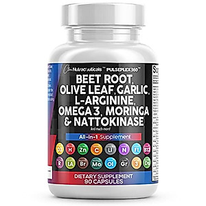 Beet Root Capsules 6000mg Olive Leaf 6000mg Nattokinase 4000 FU Garlic Extract 2000mg L-Arginine 400mg Omega 3 Red Yeast Rice Hibiscus Danshen - Healthy Support Supplement - 90 Ct