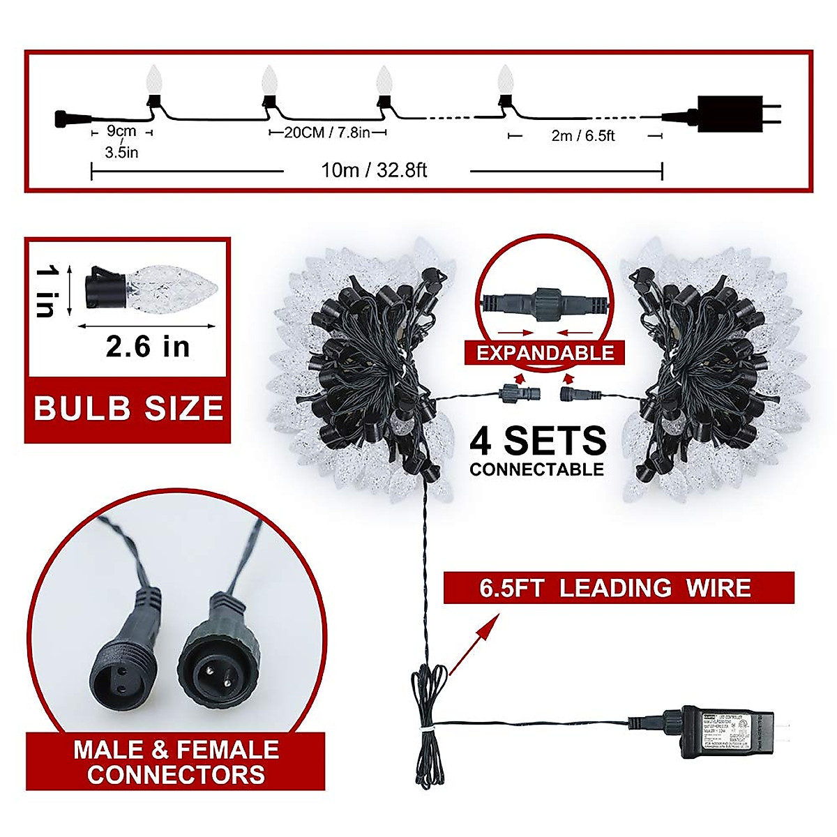 Hopolon C9 Christmas String Lights, 8Modes 50 LED 33ft Outdoor Decoration Lights with 30V Safe Adaptor, Extendable Green Wire String Lights for Patio Xmas Tree Wedding Party Decoration, Warm White