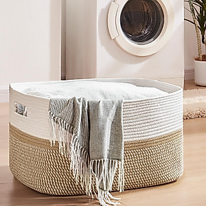 OIAHOMY 75L Laundry Basket, Extra Large Toy Storage Basket, Rectangle Cotton Rope Storage Basket, Blanket Basket Living Room, Woven Baskets for Storage, 22 x 17 x 12 Inches-Yellow/White