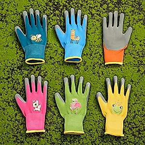 HIYZI 6 Pairs Kids Gardening Gloves Children Yard Work Glove Rubber Coated Protective Gloves for Toddlers Youth Girls Boys Outdoor (Small (Age 3-5))
