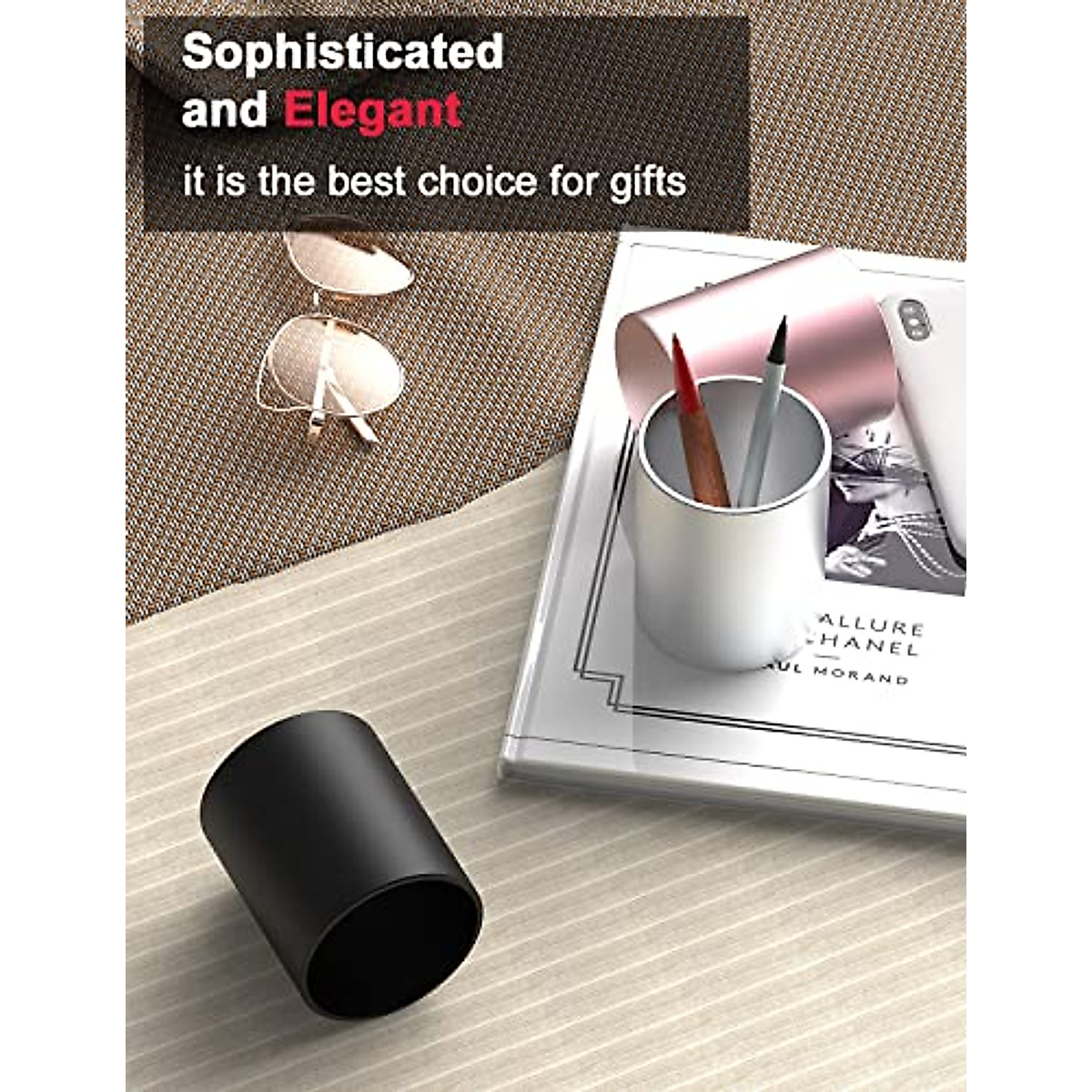 Dofuhem Pen Holder, Metal Pencil cup, Round Aluminum Desktop Organizer and Storage Box for Office,School,Home and Kids, Non-slip silicone bottom, 3.9×3.1×3.1inch, Black