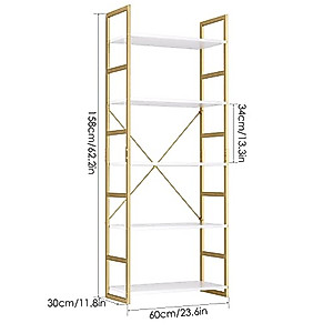 finetones 5 Tier Bookshelf, Industrial Gold Bookcase with Metal Frame, Modern Display Shelves Plant Flower Stand Rack for Bedroom Living Room Home Office, White and Gold