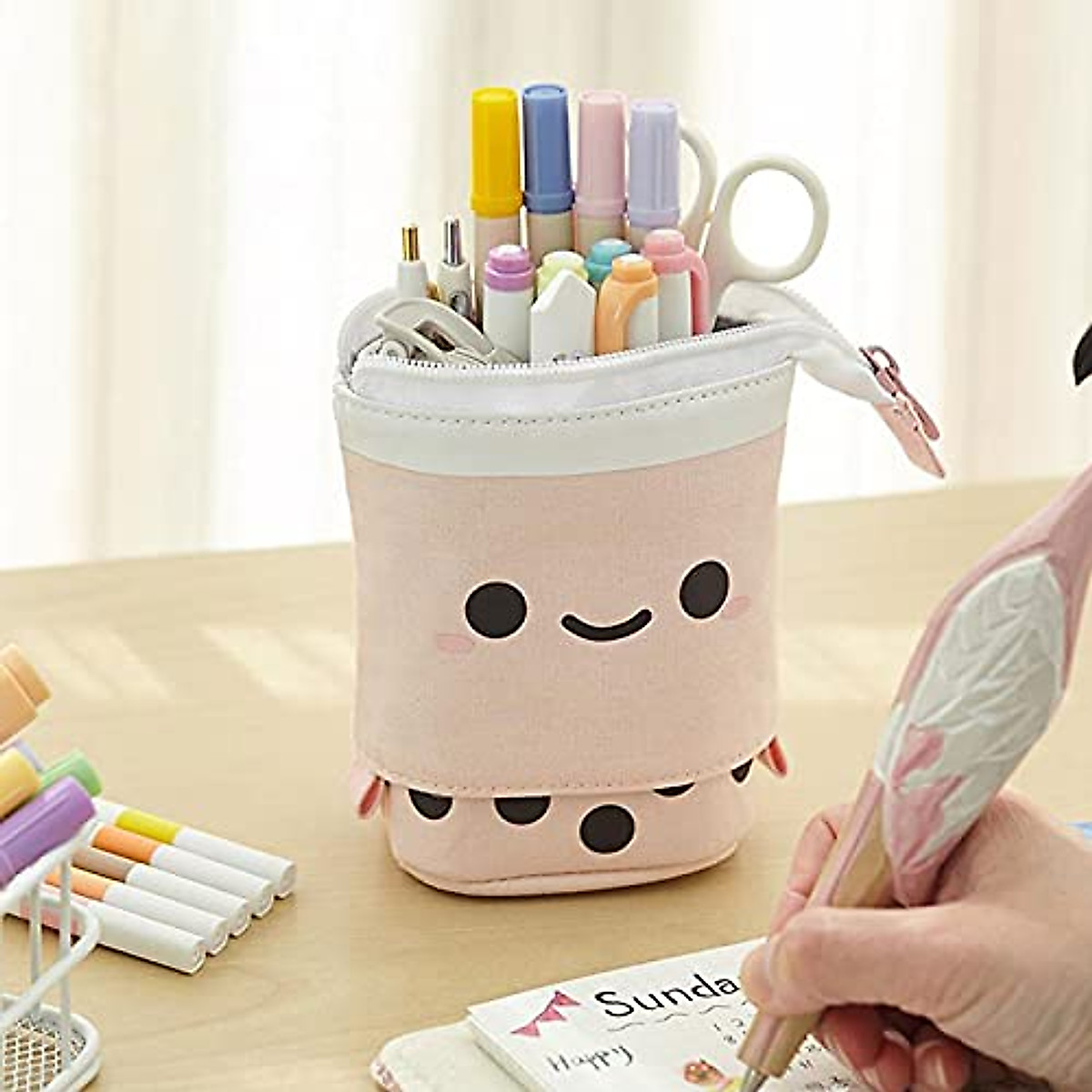 Pencil Case Standing Pen Holder Telescopic Makeup Pouch Pop Up Cosmetics Bag Stationery Office Organizer Box for Students Unsex Adults (Brown)