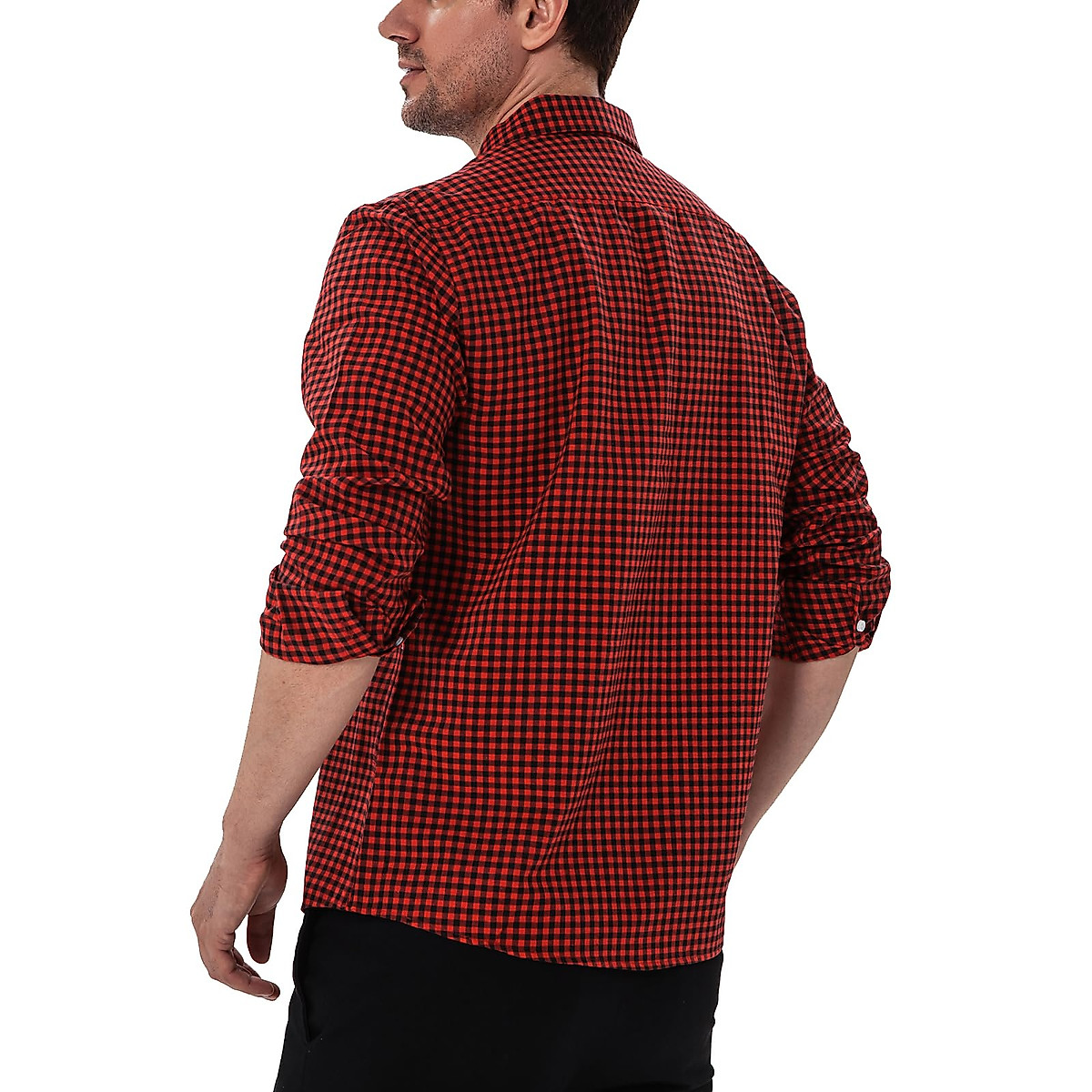 Manwan walk Men's Plaid Button Down Shirts Slim Fit Long Sleeve Casual Business Shirts Red/Black XL