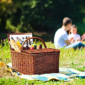 4 Person Wicker Picnic Basket Set with Utensils, Glasses, and Insulated Cooler Bag, Camping Essentials Outdoor Tableware for Family Gatherings