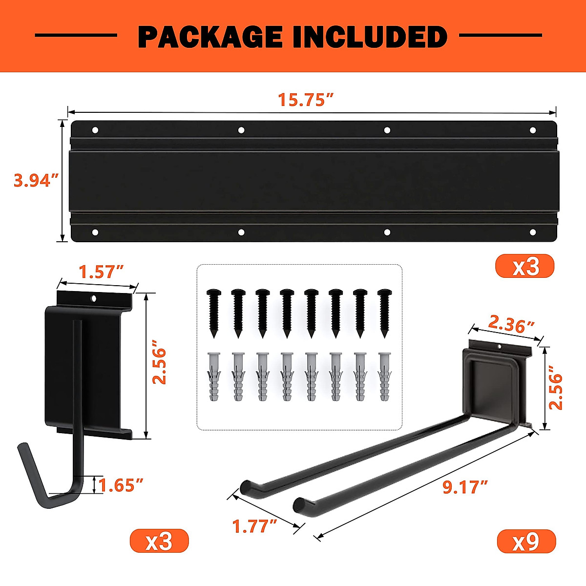 Yimeka Garage Wall Mount Storage Power Tool Organizer, 15 Piece Garden Tool Rack with 12 Adjustable Heavy Duty Storage Hooks, 48" Ladder Hanger, Max Load 300 lbs Shovel Rack Storage System for Yards