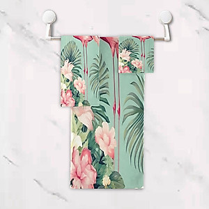 Flradish Flamingos Palm Flowers Towels 3 Pack Bath Towels for Bathroom Set Soft Cotton Highly Absorbent Lightweight & Quickdry Towel Set 1 Bath Towel,1 Hand Towel,1 Washclothe