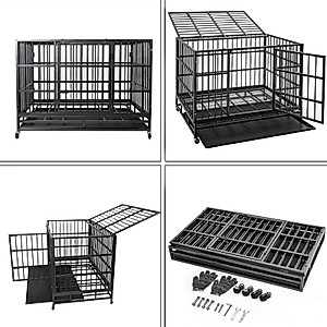 WOKEEN 48/38 Inch Heavy Duty Dog Crate Cage Kennel with Wheels, High Anxiety Indestructible Dog Crate, Sturdy Locks Design, Double Door and Removable Tray Design, Extra Large XL XXL Dog Crate.