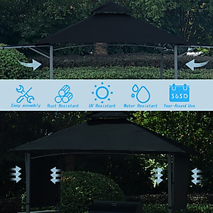 5x8 Outdoor Grill Gazebo BBQ Canopy, Double Tier BBQ Gazebo Grill Tent with Dual Side Retractable Awning, Shelves and Air Vent, BBQ Cabana Tent Canopy Shelter for Patio Party Backyard Picnic(Black)