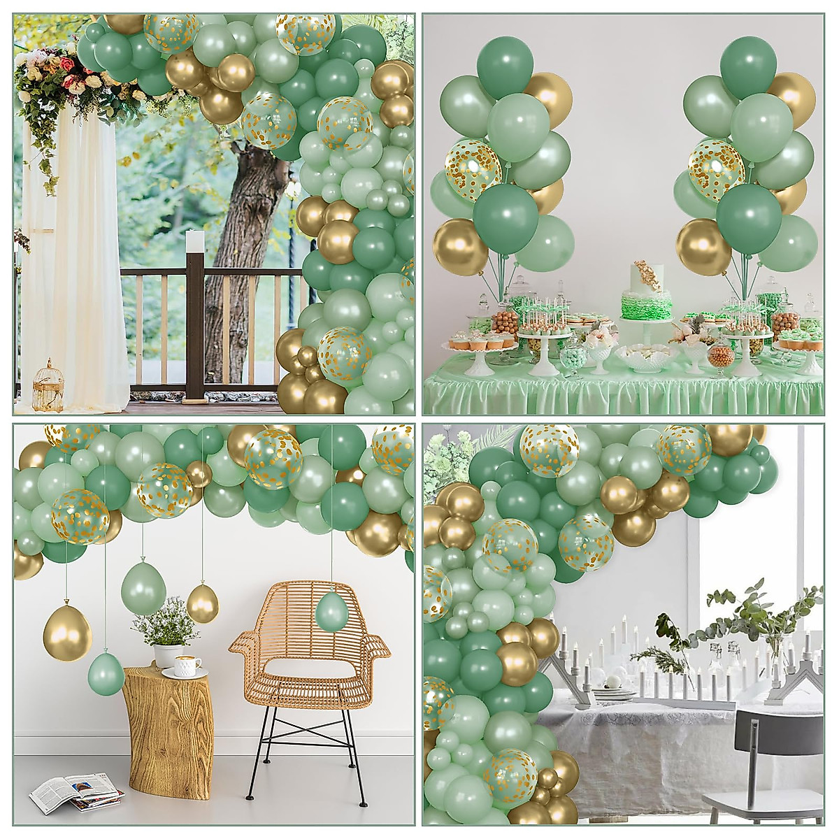 72Pcs Sage Green Balloons Set, Green Latex Balloon with 12inch 5inch Pearl Green Balloons Metallic Gold Balloons Light Olive Green Coffetti Balloons for Baby Shower Birthday Wedding Party Decorations