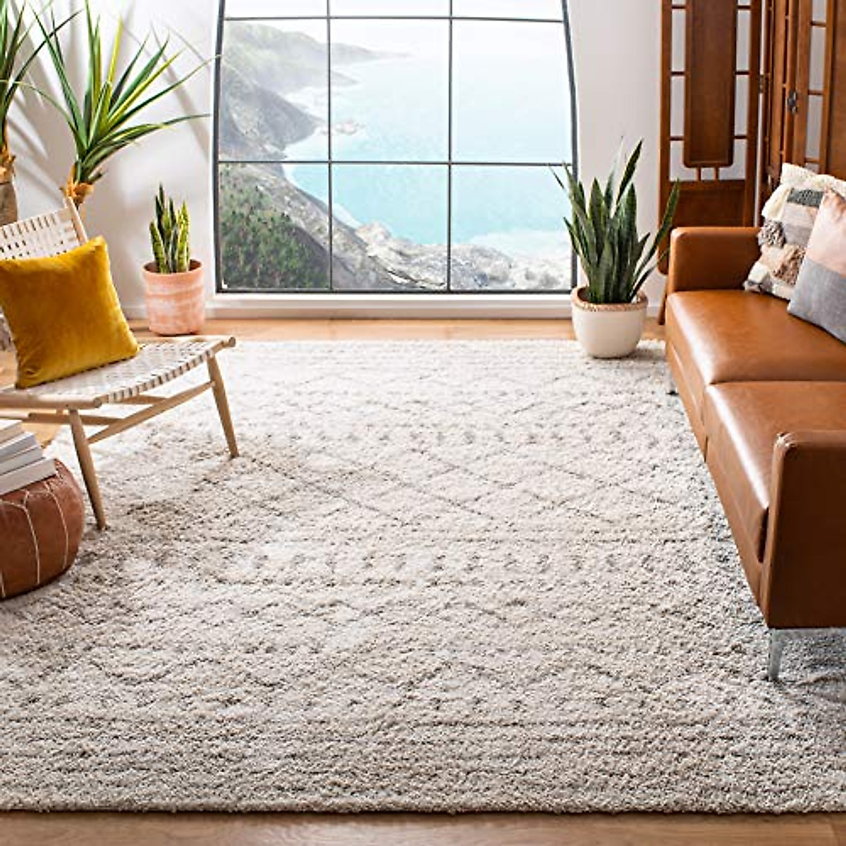 SAFAVIEH Arizona Shag Collection 6'7" x 9'2" Ivory/Beige ASG741A Moroccan Non-Shedding Living Room Bedroom Dining Room Entryway Plush 1.6-inch Thick Area Rug