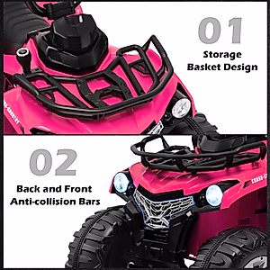 Costzon Kids ATV, 12V Battery Powered Electric Vehicle w/Music, Headlights, MP3, Spring Suspension, High & Low Speed, Treaded Tires, Storage Basket, Ride on 4 Wheeler Quad for 3-8 Years Old (Pink)