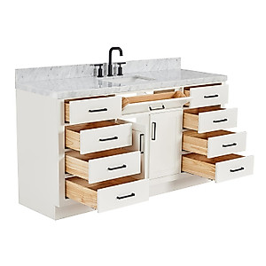 ARIEL Single Bath Vanity 67" White, 1.5" Carrara Marble Countertop & Splash, Rectangular Sink, 2 Soft Closing Doors, 9 Full Extension Dovetail Drawers, Toe Kick, Matte Black