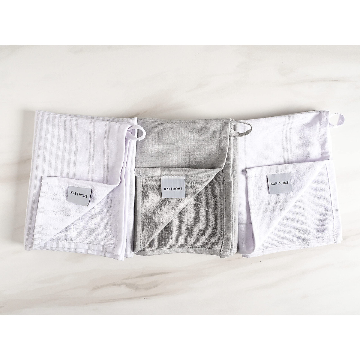 KAF Home Marseilles Reversible Terry Kitchen Towels - Set of 3-100% Cotton (Drizzle Gray)