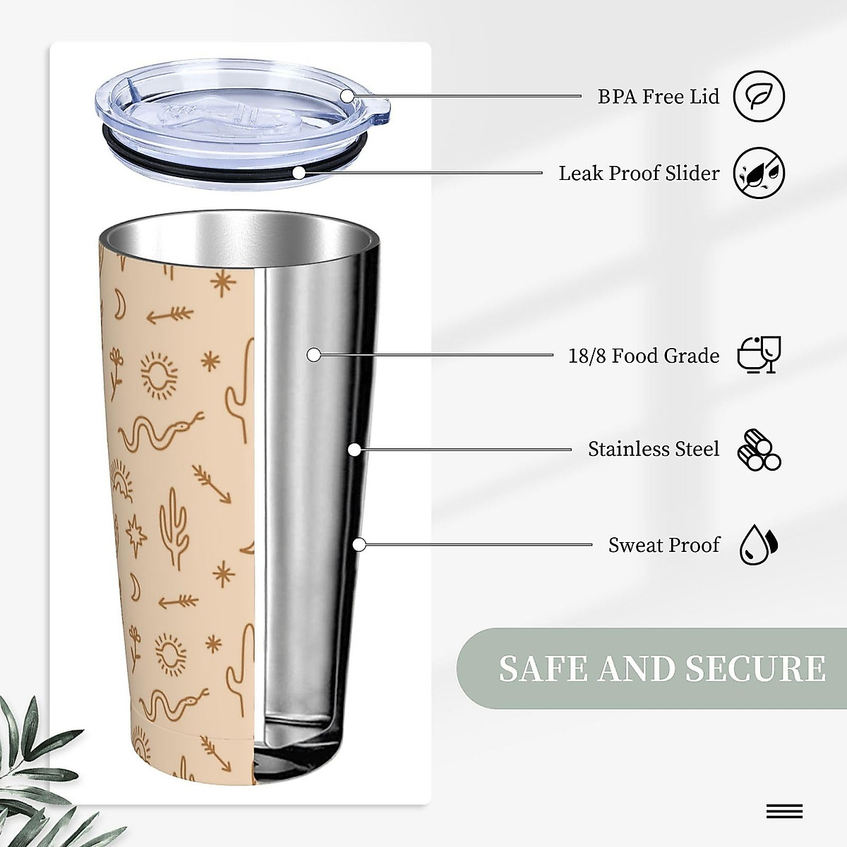 CHASOEA Western Tumbler 20oz Boho Western Stainless Steel Insulated Tumblers with Lid and Straw Beige Travel Coffee Mug Tea Wine Cups Water Bottle Western Gifts for Women