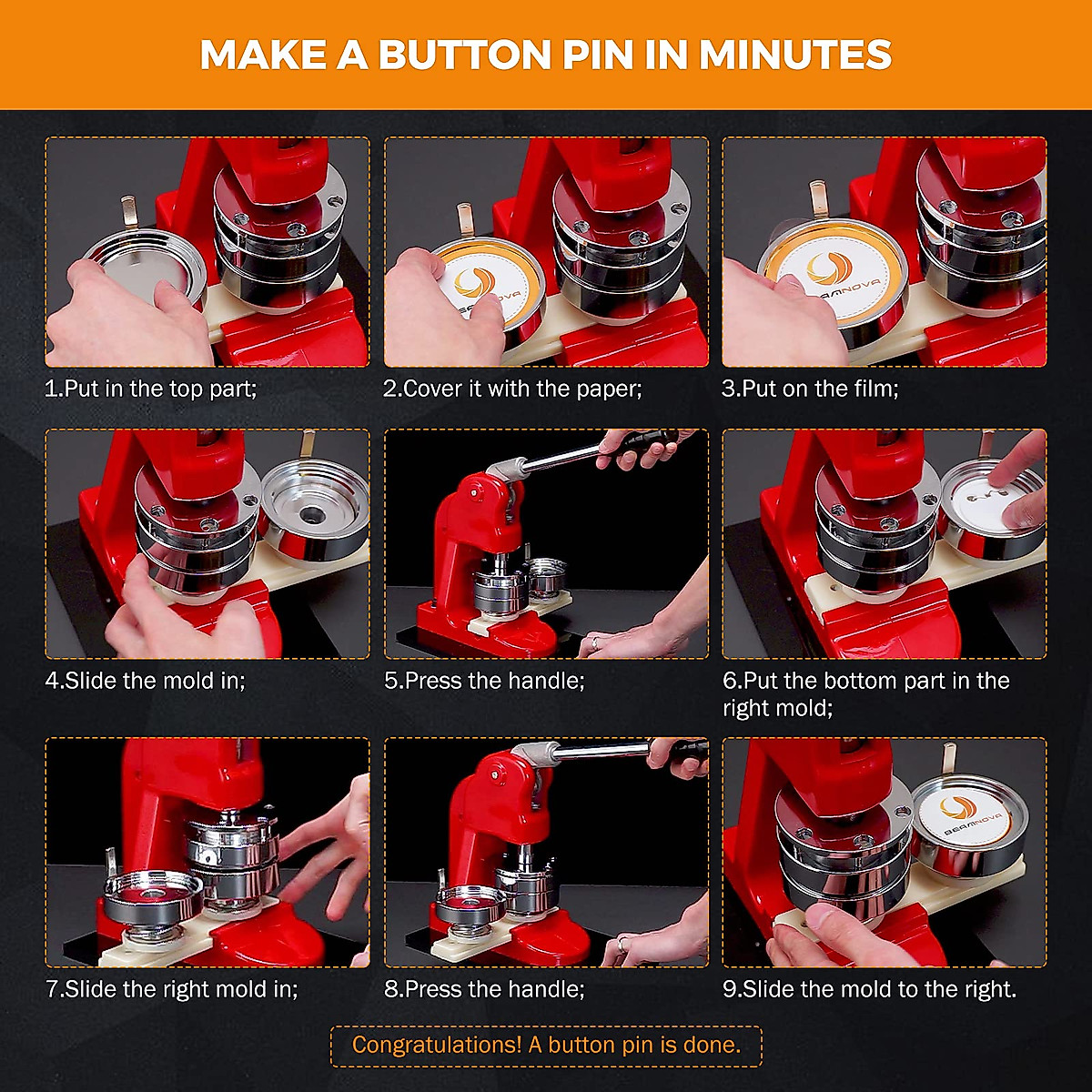 BEAMNOVA Button Maker Machine DIY Round Pin Maker Kit, 58mm / 2.28 in (about 2-1/4 Inch) Badge Press Machine with 1000 Button Blanks Parts Supplies