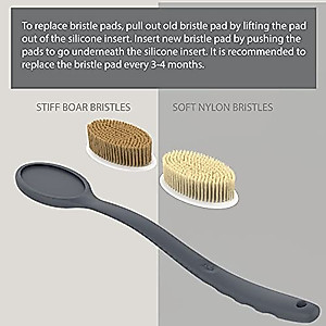 Avilana® Shower Body Brush with Advanced Hygiene Technology, Long 19 inch Curved Silicone Handle Back Scrubber with Dual-Sided Brush Soft and Stiff (Replacement Pads- Soft and Stiff Bristles)