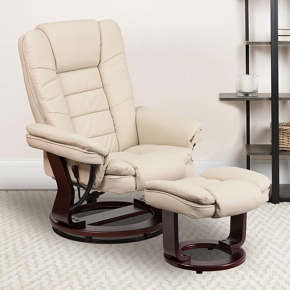 Flash Furniture Bali Contemporary Multi-Position LeatherSoft Recliner Chair with Ottoman, 360-Degree Swivel Recliner Chair/Ottoman Set, Beige