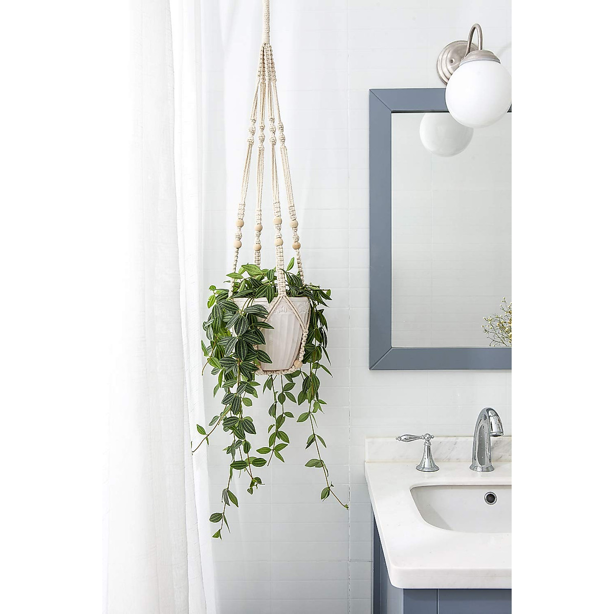 Mkono Macrame Plant Hanger Indoor 35 Inch Hanging Planter Basket Set of 2 and Boho Hanging Planter Metal Plant Hanger with Plastic Pots Fits 6 Inch Planter Set of 2