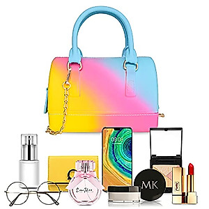Rainbow Jelly Bag,Bright Mini Satchel Crossbody Shoulder Bag Candy Color Handbag Graffiti Purse for Women and Girls (Yellow+Red+Blue)