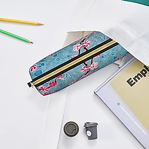 Cherry Blossom Sakura Leather Pencil Case Bag with Zipper Women Makeup Bag Durable Portable Suitable for School Work and Office 8.3 x 2.2 In