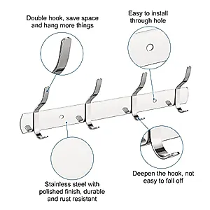 uxcell Coat Hook Rack, Stainless Steel Wall Mounted Coat Rack with 4 Hooks Hook Rail Wall Hangers for Hanging Bedroom Bathroom Silver