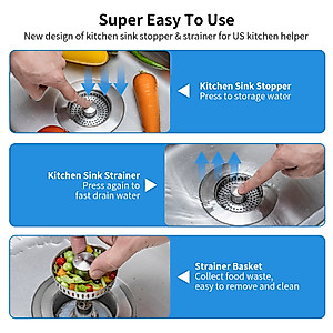 Upgraded 3 in 1 Kitchen Sink Drain Strainer - Stainless Steel Sink Stopper, Anti-Clogging Sink Food Catcher Basket, Fast Drainage Odor Filter Sink Plug for US Standard 3 1/2 inch Drain (Silver-1Pack)