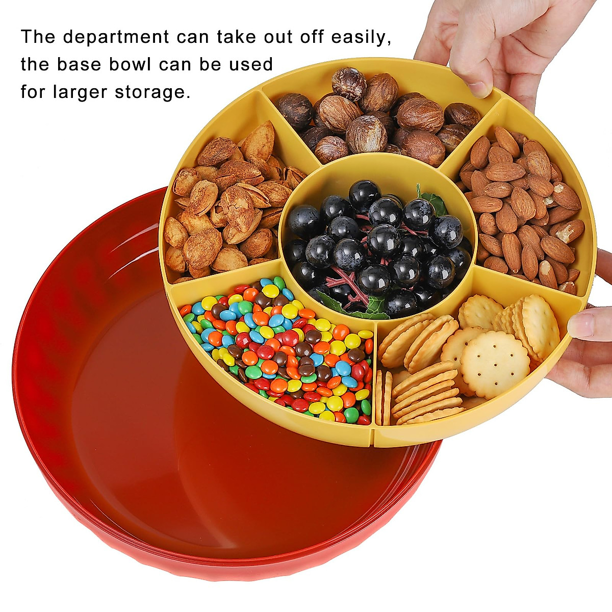 SOUJOY 2 Pack Divided Serving Tray with Lid, 6 Compartment Veggie Tray, 10'' Round Reusable Snack Containers, Party Platter for Candy, Appetizer, Snack, Fruit, Nuts, Veggie, Parties