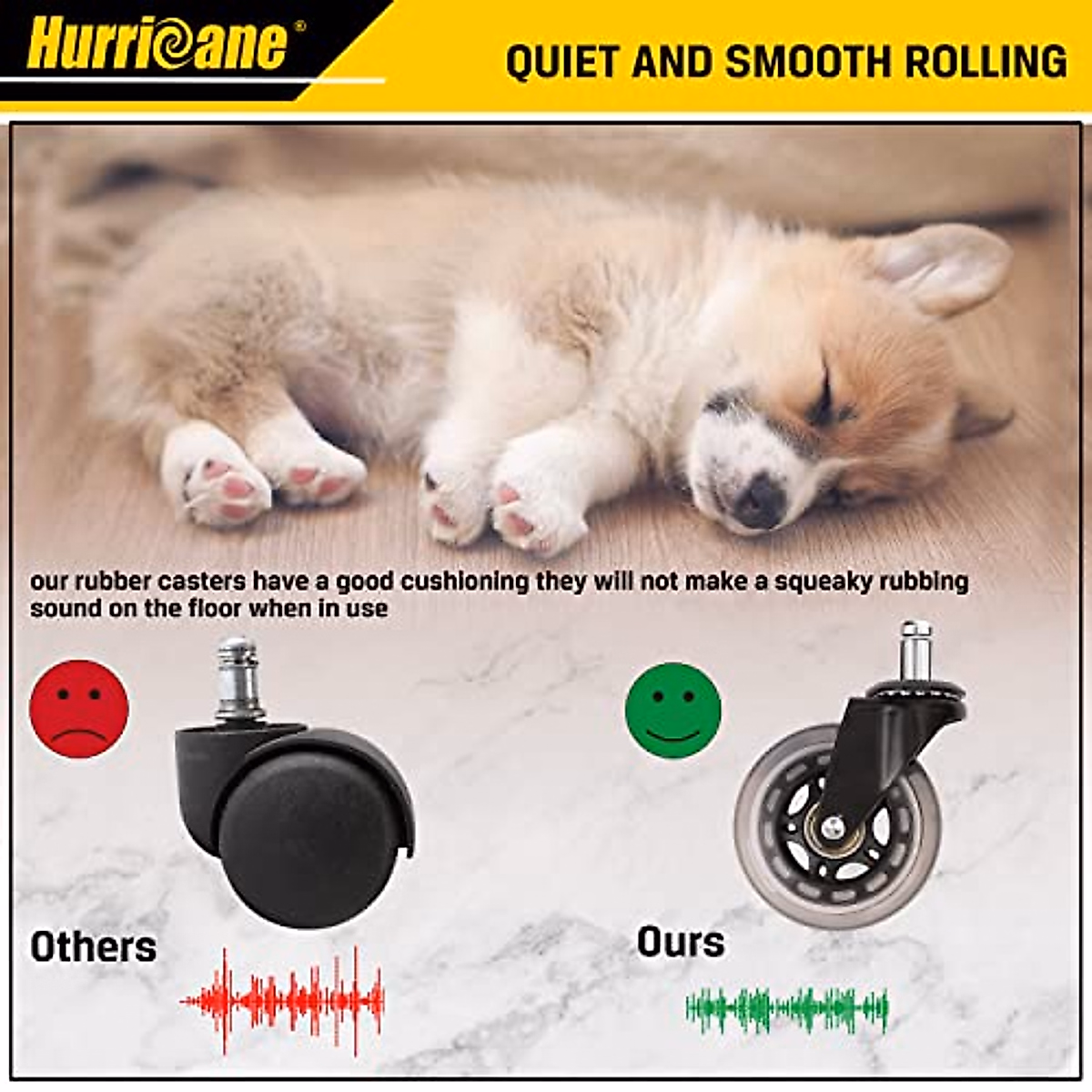 HURRICANE Office Chair Caster, Replacement Rubber Chair Wheel, Heavy-Duty Casters, Chair Wheels Set of 5, for Tile, Hardwood Floor and Carpet, 3 Inch, Flexible 360°Steering, Universal Fit