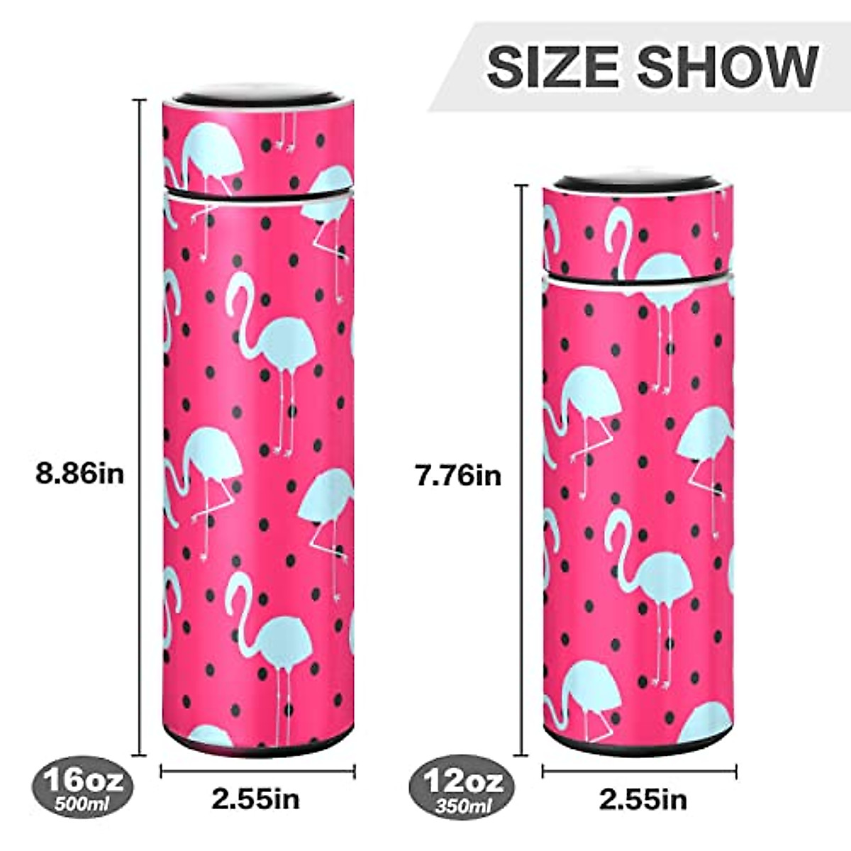CaTaKu Black Dots Flamingo Water Bottle Insulated 16 oz Stainless Steel Flask Thermos Bottle for Coffee Water Drink Reusable Wide Mouth Vacuum Travel Mug