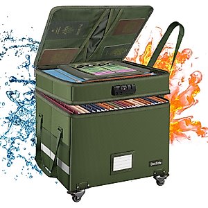 DocSafe File Box with Lock, 2-Layer Fireproof Document Box with Wheels,Collapsible Rolling File Storage Organizer Box with Pockets,Large Portable Home Office Filing Cabinet for Hanging Folders,Green