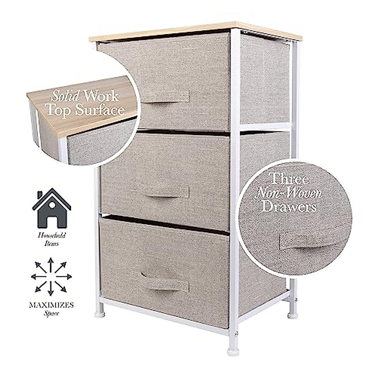 Simplify 3 Tier Vertical Storage Chest | Dresser | Nightstand | Fabric Drawers | Sturdy Steel Frame | Organizer | Bedroom | Closet | Easy to Assemble | Beige