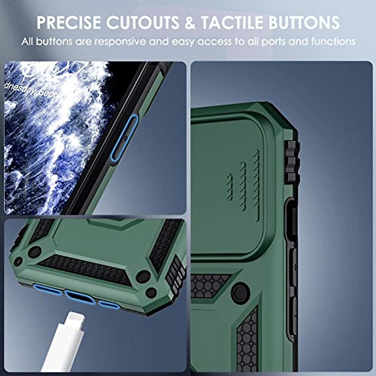 Fewdew for iPhone 13 Pro Max Stand Case with Slide Camera Cover & Kickstand, Military Grade Shockproof Heavy Duty Protective Cover Case for iPhone 13 Pro Max 6.7 inch 2021 Alpine Green