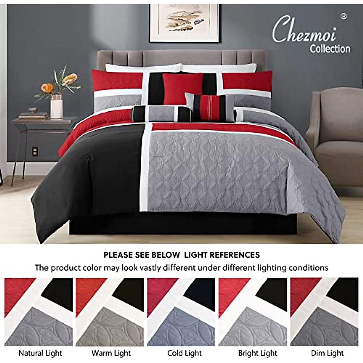 Chezmoi Collection 7-Piece Quilted Patchwork Comforter Set, Red/Gray/Black, Queen