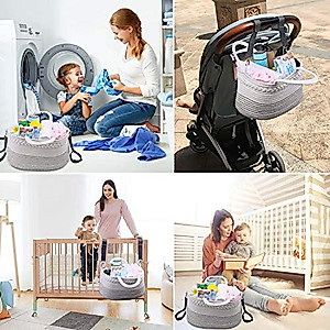 Shynek Rope Diaper Caddy Organizer Baby Diaper Caddy Basket Changing Table Diaper Nursery Basket with Removable Insert and Stroller Hooks Clips for Diaper Baby Shower Newborn Registry