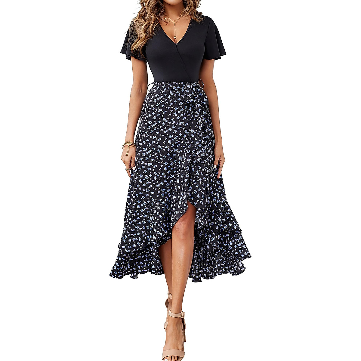 BTFBM Womens Maxi Summer Dresses 2025 Short Sleeve V Neck Boho Floral Print Belted High Low Ruffle Party Cocktail Dress(Floral Black Blue, X-Large)