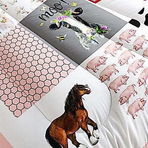 HOSIMA Cow Bedding Set,Farmhouse Comforter Western Country Style Room Decor Aesthetic,Cute Cartoon Farm Animal Pig Cow Horse Twin Bedding Sets for Girls Boys,Pink White Grid Comforter.