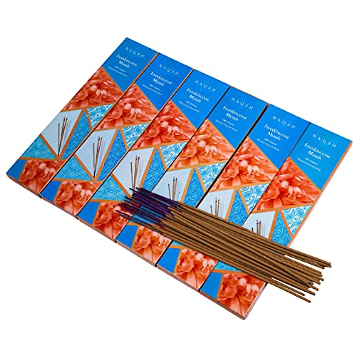 NAQSH Handmade 6X20 Incense Pack -120 Sticks, 100% Natural Hand Rolled 125gm Stick with Free Wooden Holder for Long Lasting Aroma, Sensual Therapy & Meditation, Home Cleansing (Frankincense Myrrh)