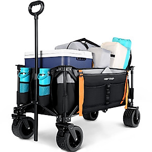 HEYTRIP Collapsible Wagon Beach Wagon Cart Heavy Duty with Big Wheels for Sand, Utility Wagon with 200L Capacity & 286LBS Load-Bearing, Side Pocket and Brakes for Shopping Camping Garden